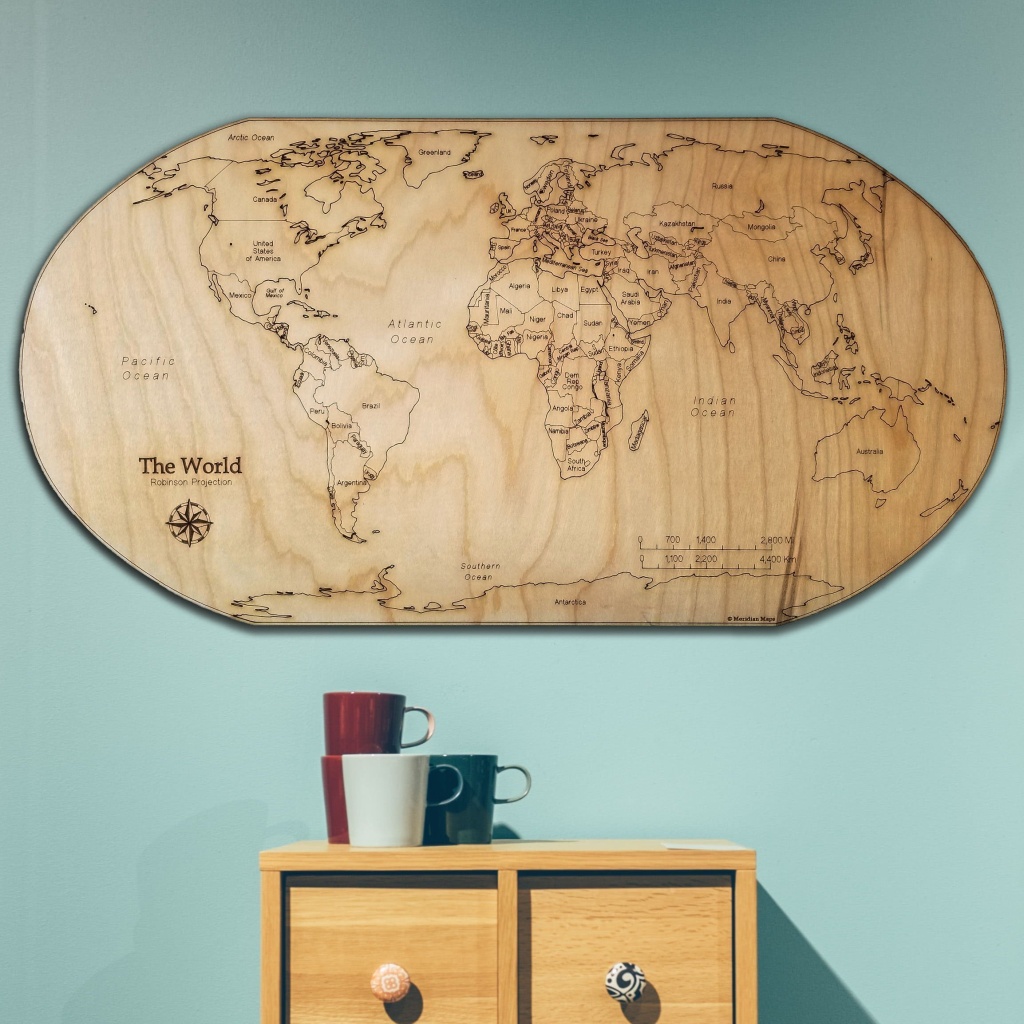 World Oval Wood Map in Robinson Projection – Meridian Maps